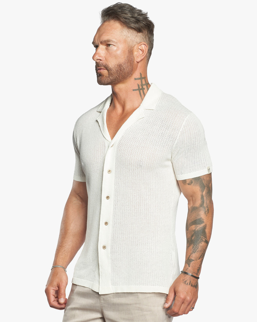 Mykonos Linen Blend Pointelle Knit Slim Fit Button Up Shirt - Sand Dol